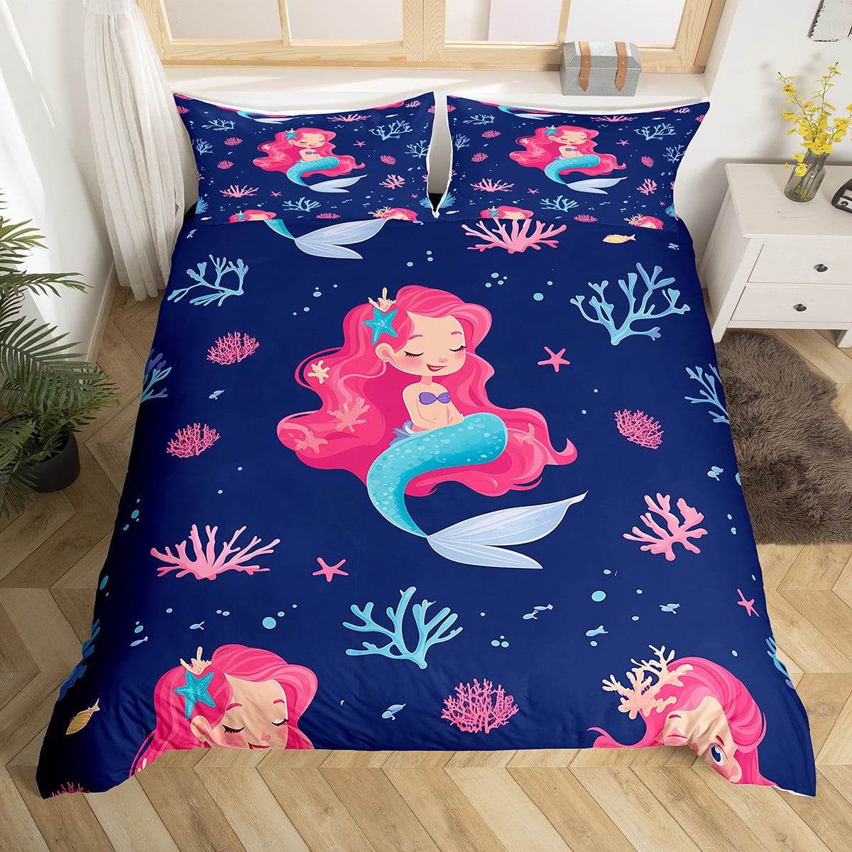 Cute Mermaid Twin Duvet Cover,Girly Princess Mermaid Bedding Set ...