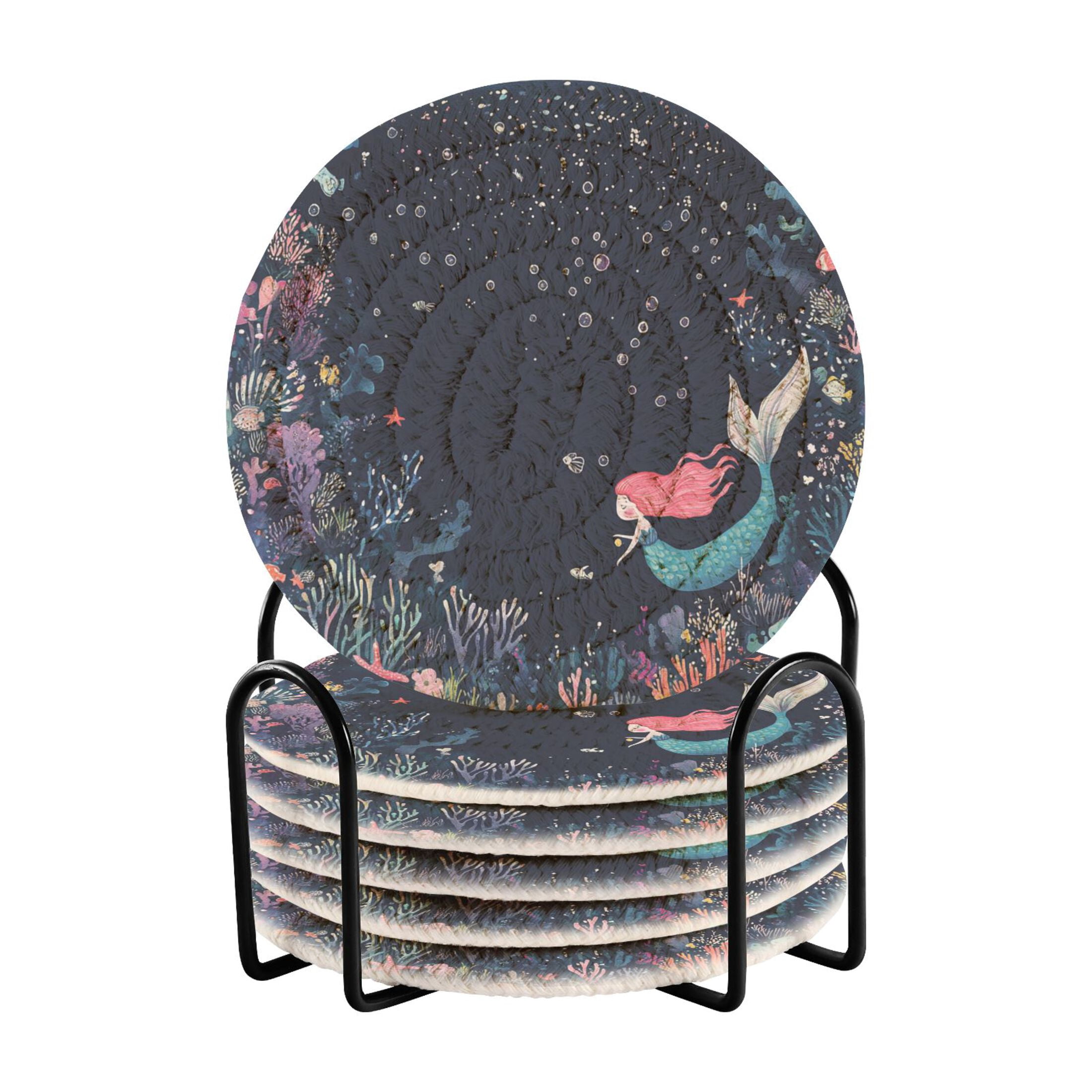 Cute Mermaid in Sea Corals Drinking Coasters Cup Mat with Holder for ...