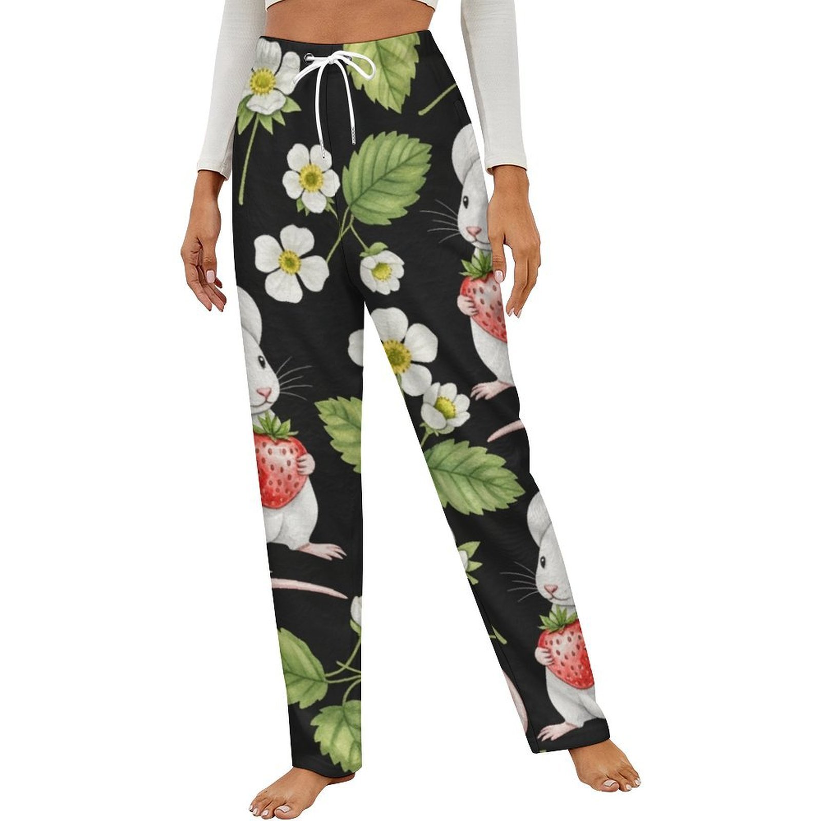 Cute Mice With Strawberries Winter Female Pants Flannel High Waist ...