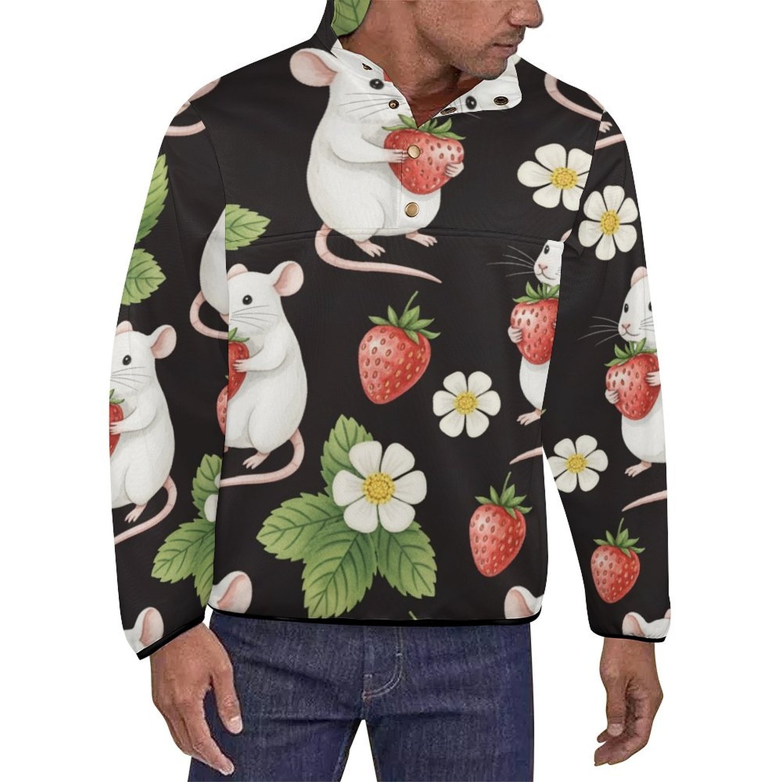 Cute Mice with Strawberries Men's Stand Collar Sweater Long Sleeve ...
