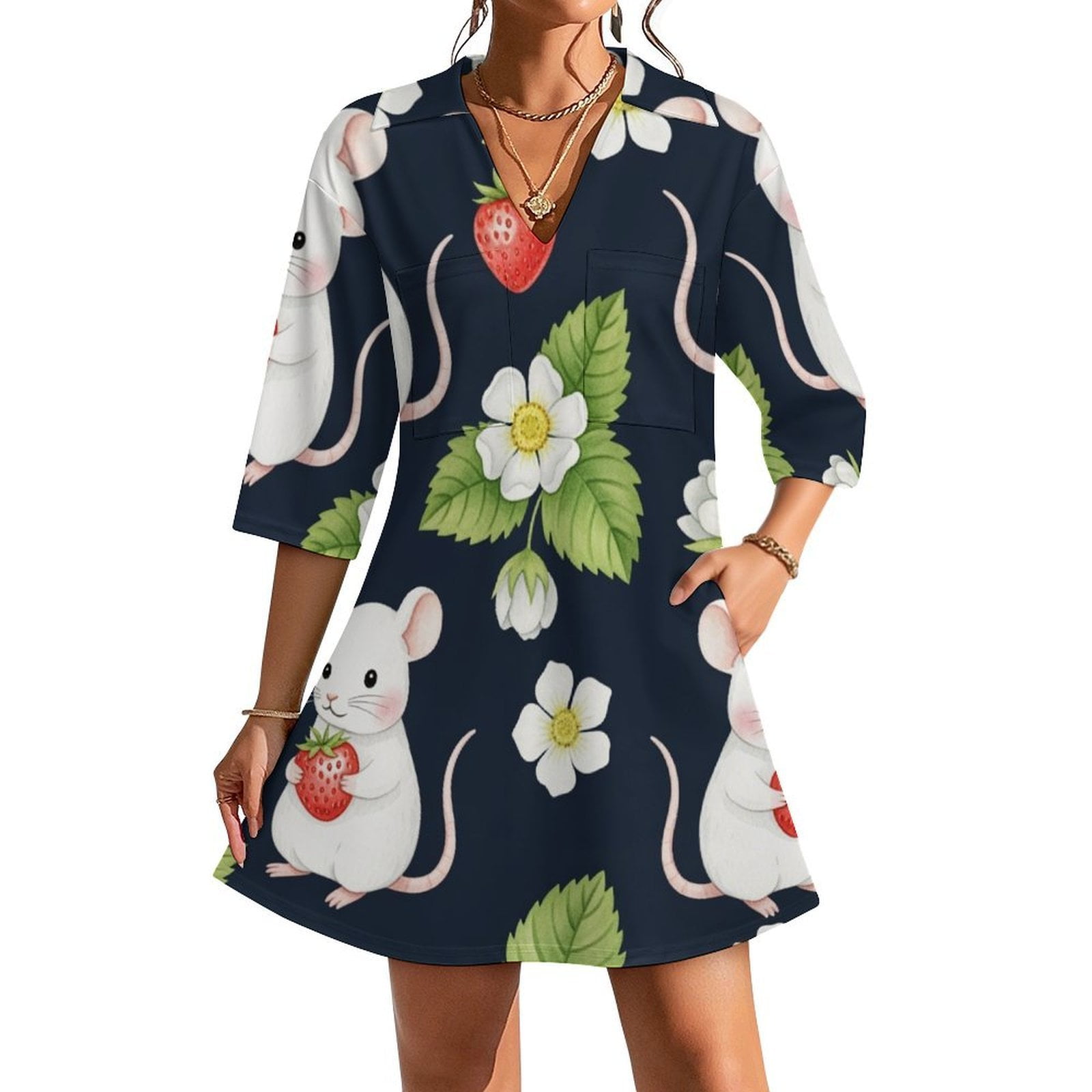 Cute Mice with Strawberries Womens Dress With Pockets Summer V Neck 3/4 ...