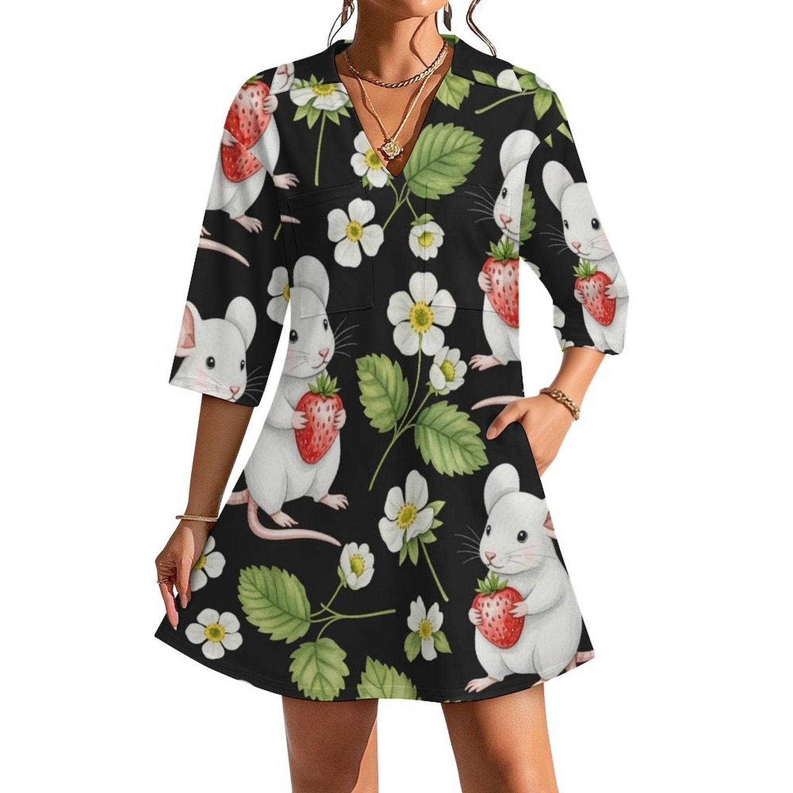 Cute Mice with Strawberries Womens Dress With Pockets Summer V Neck 3/4 ...