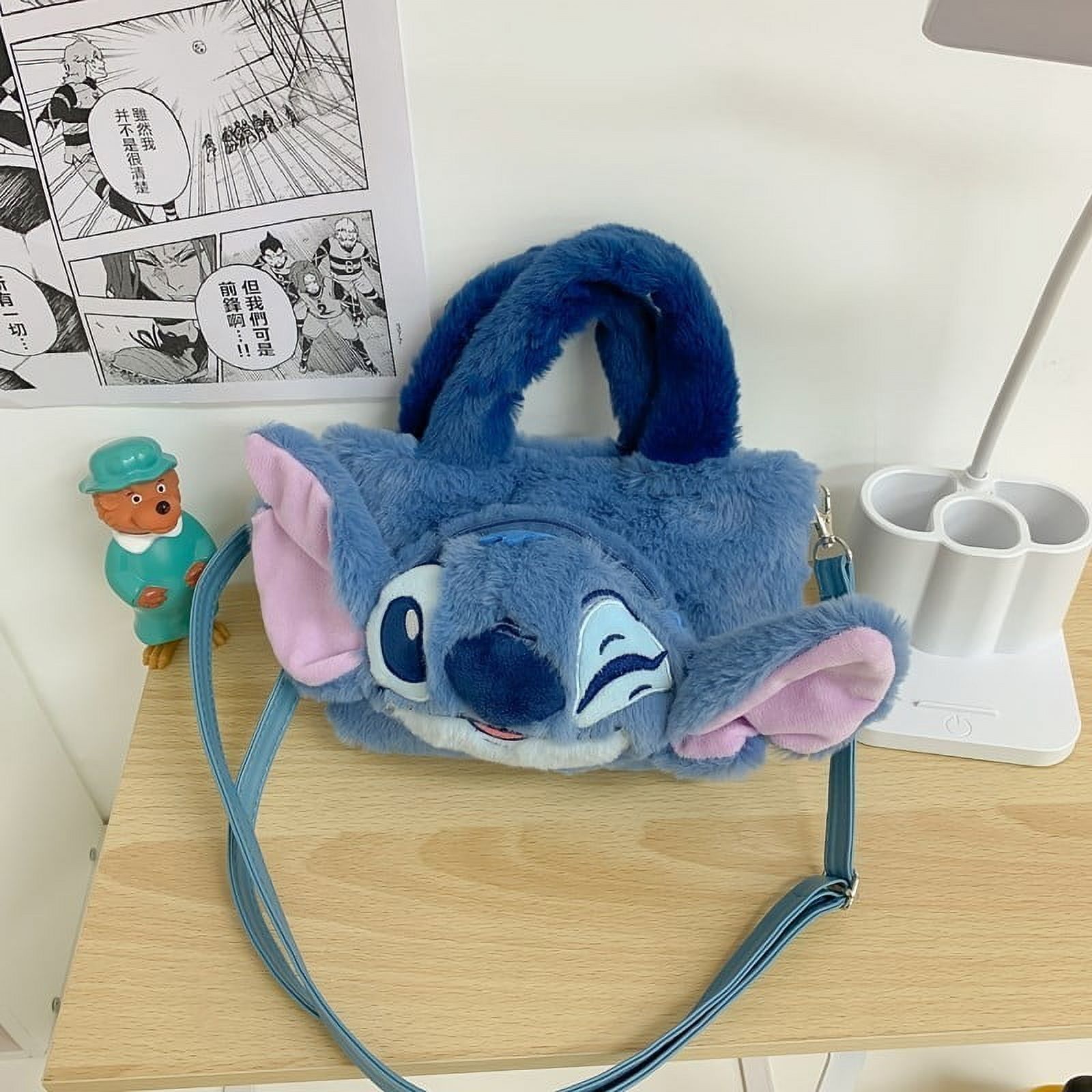 Cute Mini Plush Cartoon Stitch Backpack Blue Furry Small Double Strap ...