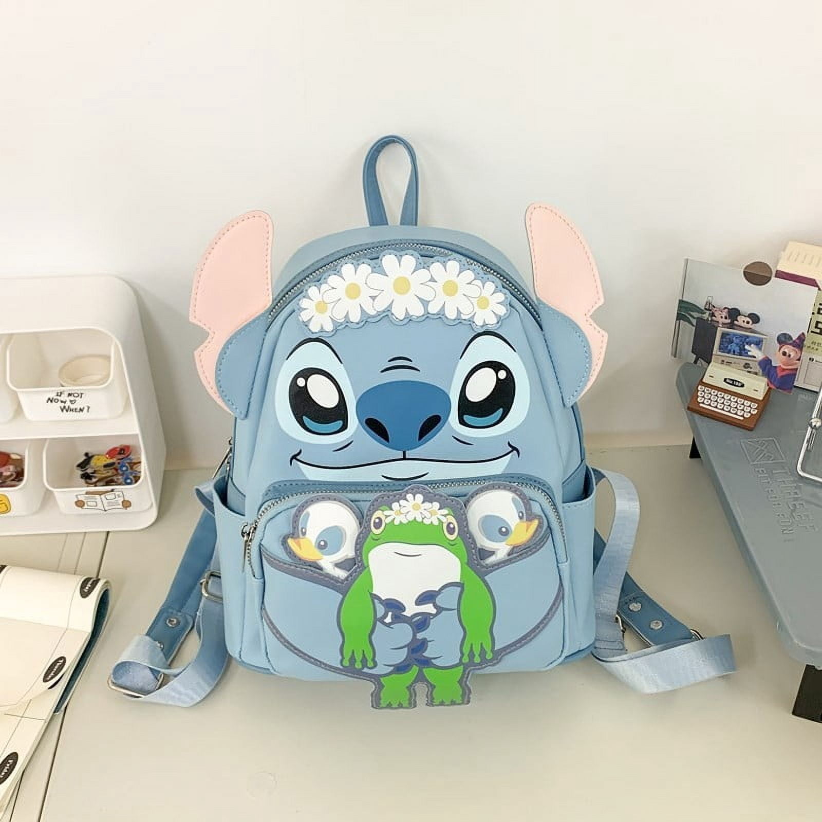 Cute Mini Plush Cartoon Stitch Backpack Blue Furry Small Double Strap ...