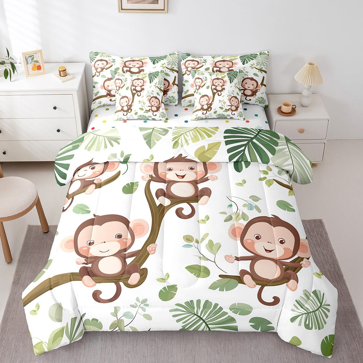 Cute Monkey Bed in a Bag Comforter Set,Tropical Palm Leaves Full Size 7 ...