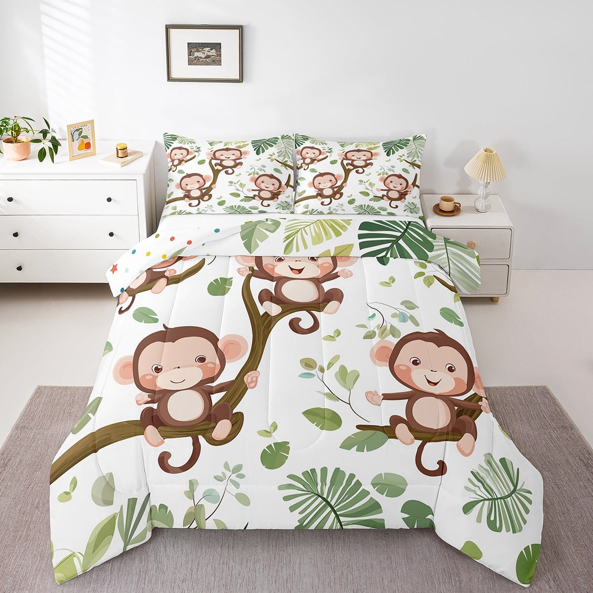 Cute Monkey Bedding Set Queen Size Tropical Palm Leaves Comforter Set Room Decor Kawaii Monkey ...