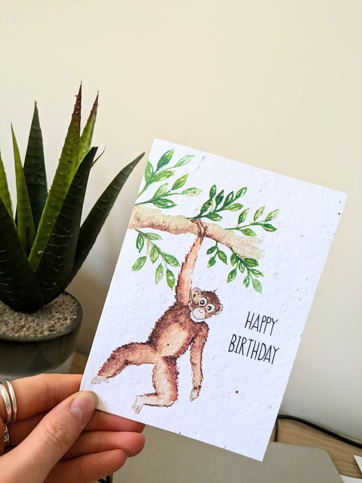 Cute Monkey Birthday Card – "Happy Birthday" Greeting with Whimsical ...
