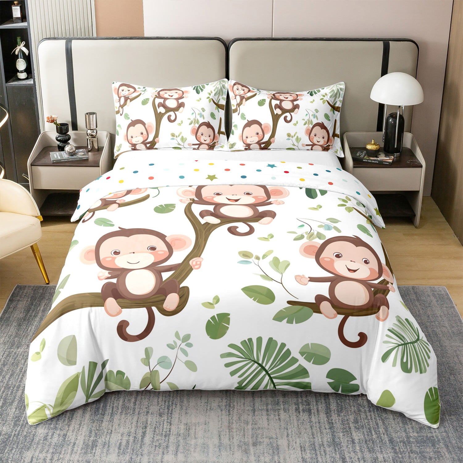 Cute Monkey Comforter Cover Queen Tropical Palm Leaves 100% Organic ...