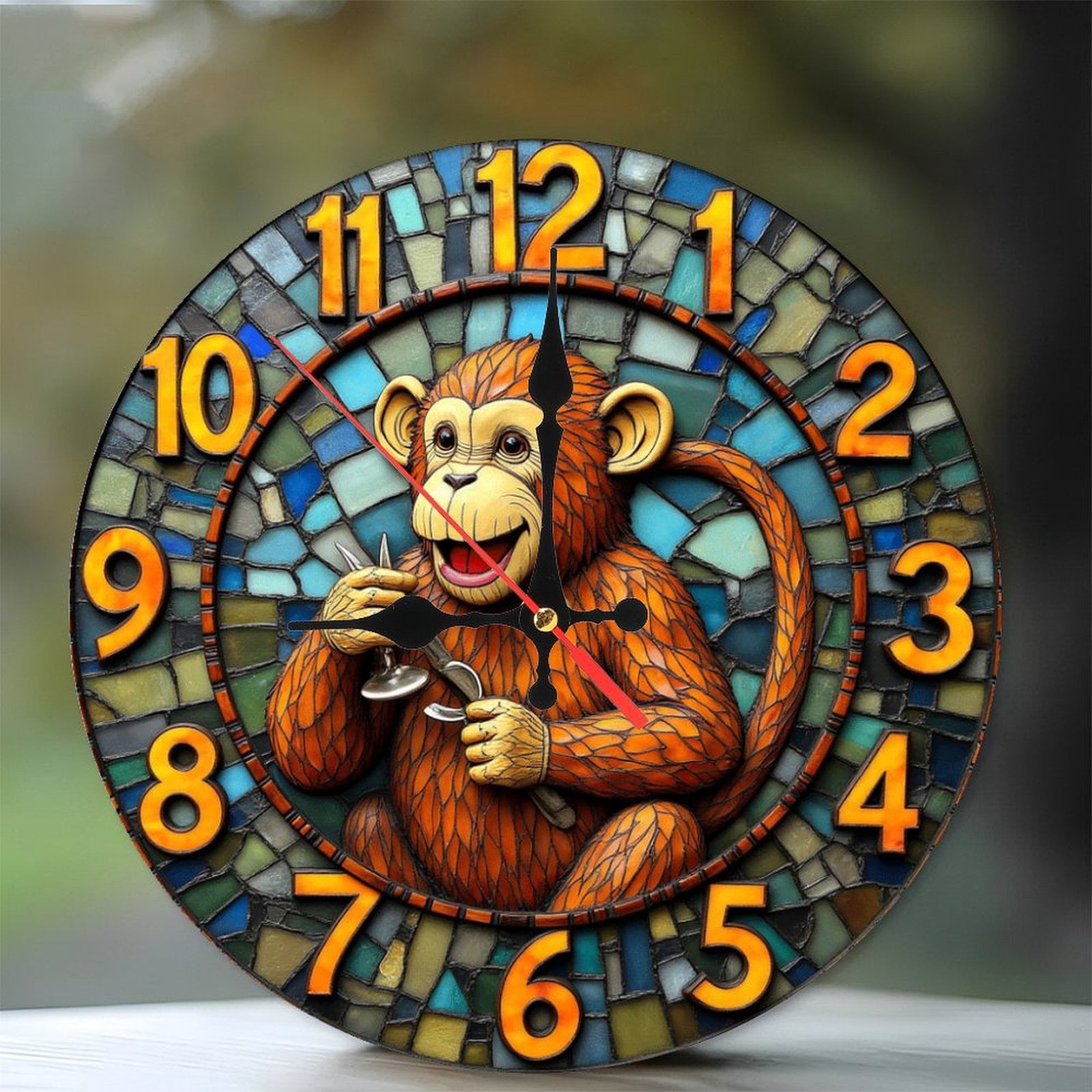 Cute Monkey Design Wall Clock with Colorful Glass 10-Inch Silent Wooden ...