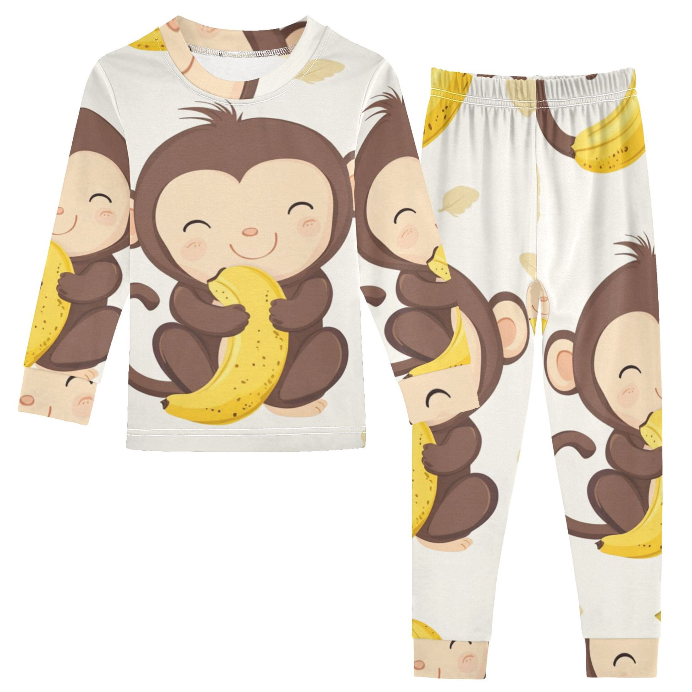 Cute Monkey Eat Bananas Leaves Cotton Pajama Set Long Sleeve Top and ...