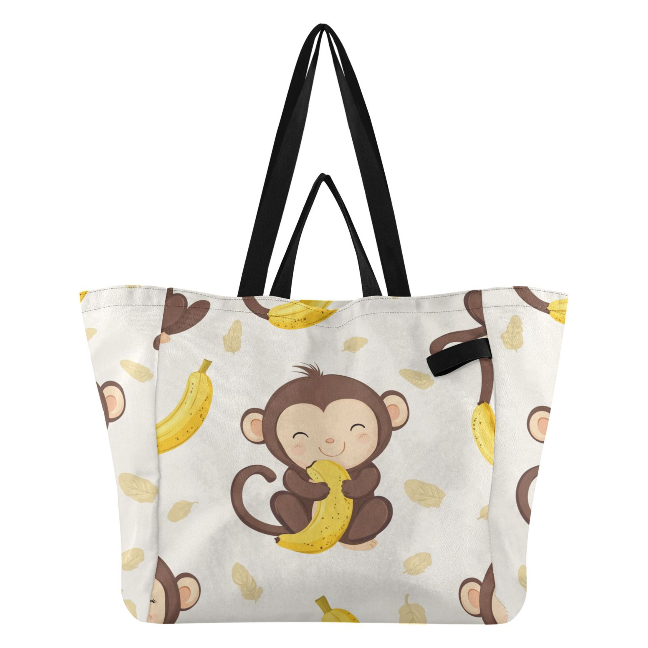 Cute Monkey Eat Bananas Leaves Foldable Canvas Tote Bags Reusable ...