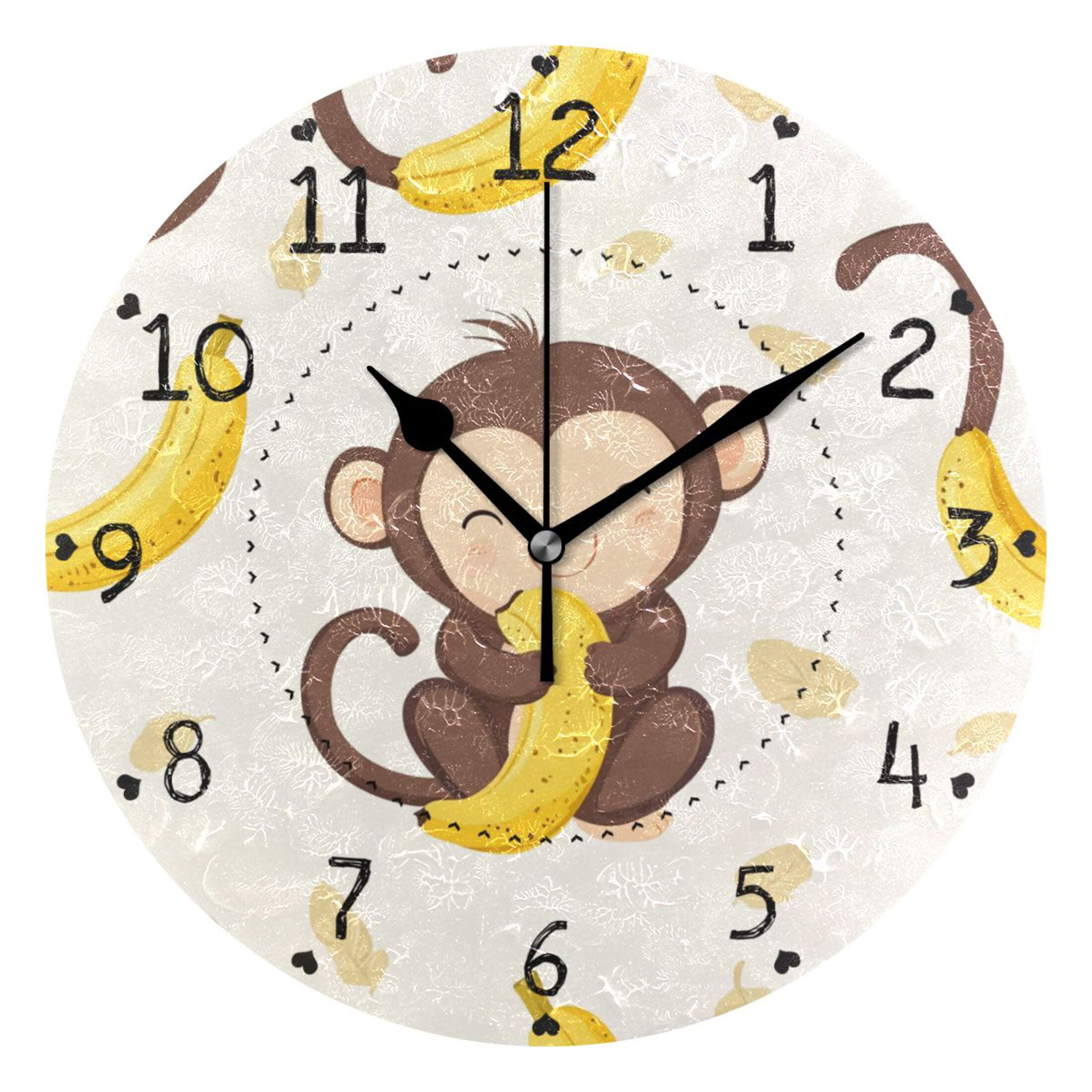 Cute Monkey Eat Bananas Leaves Round Wall Clock Silent Analog Battery ...