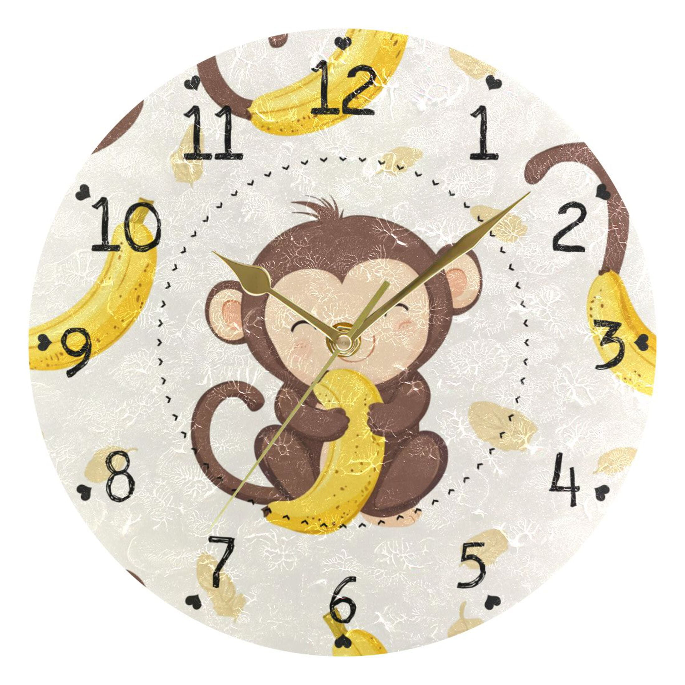 Cute Monkey Eat Bananas Leaves Round Wall Clock Silent Analog Battery ...