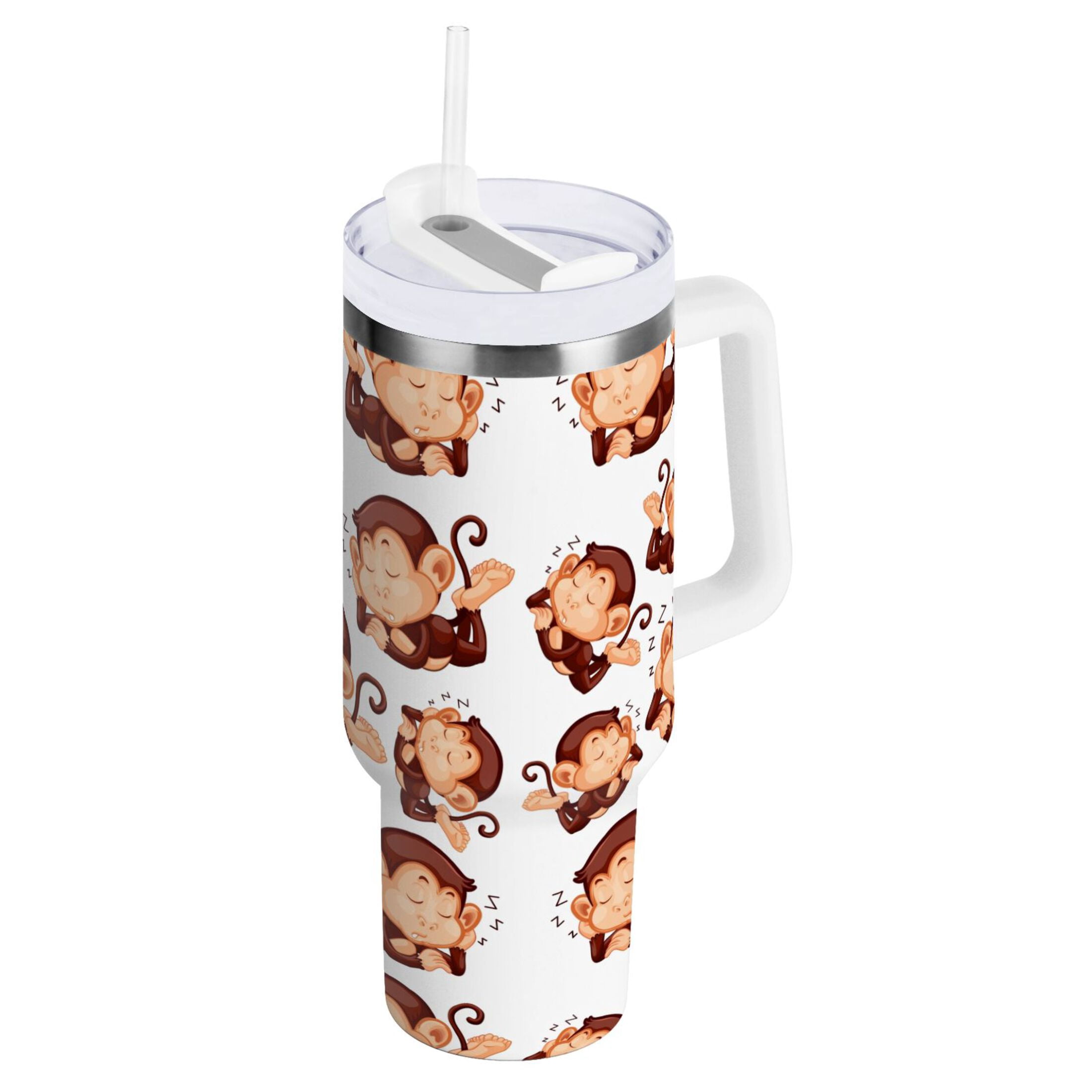 Cute Monkey Sleeping Tumbler with Handle and Straw Insulated Travel Mug ...