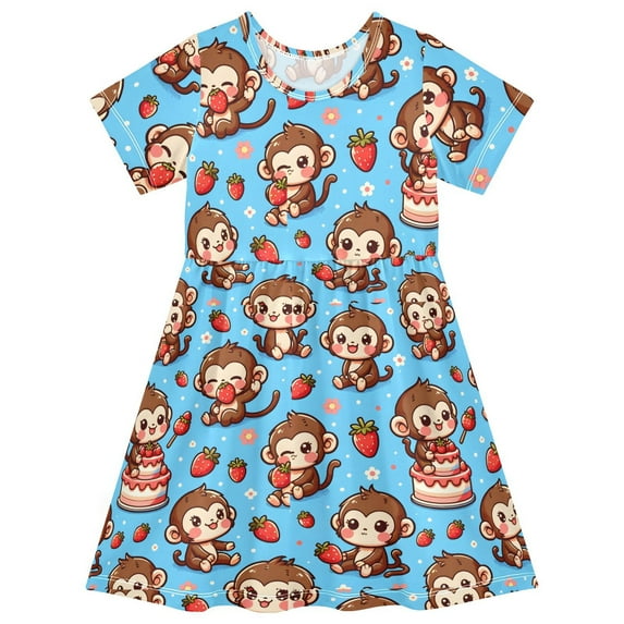 Cute Monkey in Various Poses Short Sleeve Dress A-Line Cute Midi Casual ...