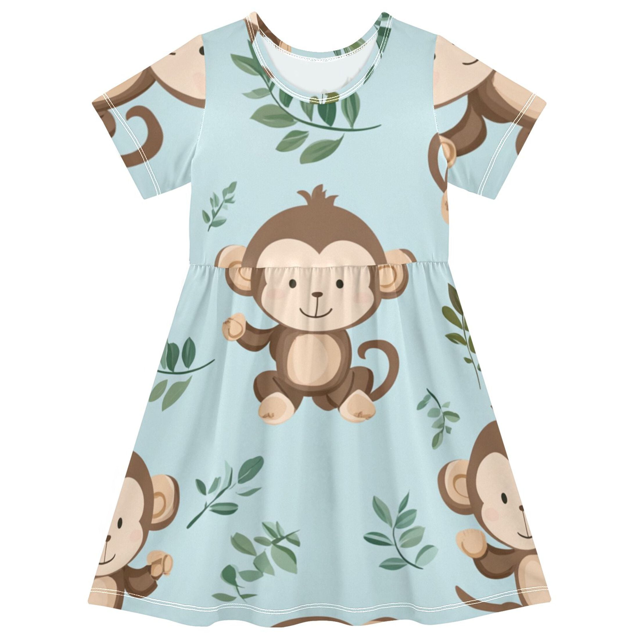 Cute Monkeys Cartoon Leaves Girls' Short Sleeve Dress A-Line One-Piece Dress UPF 50+ Quick Dry ...