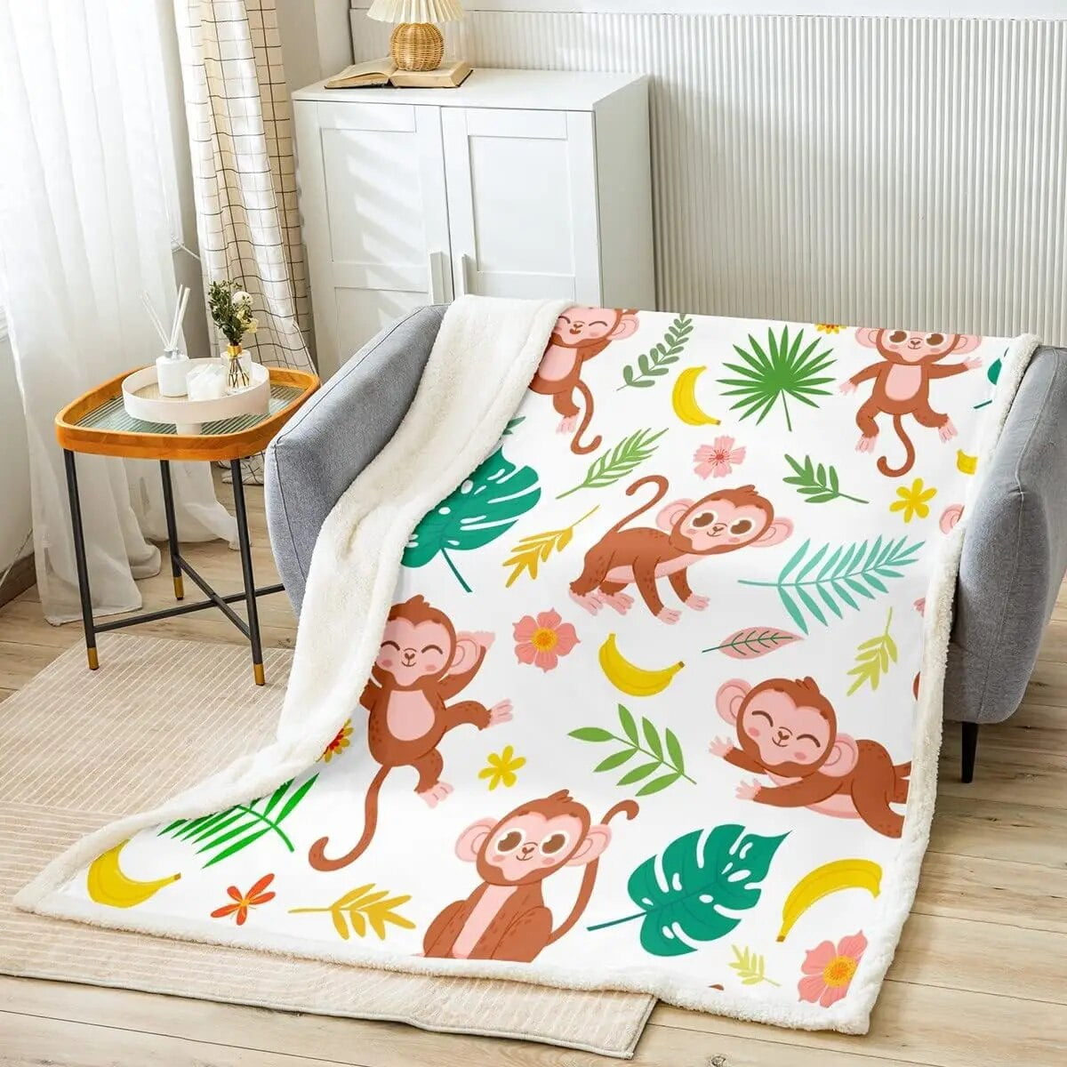 Cute Monkeys Kids Throw Blanket Palm Leaves Flowers Plants Bed Blanket ...