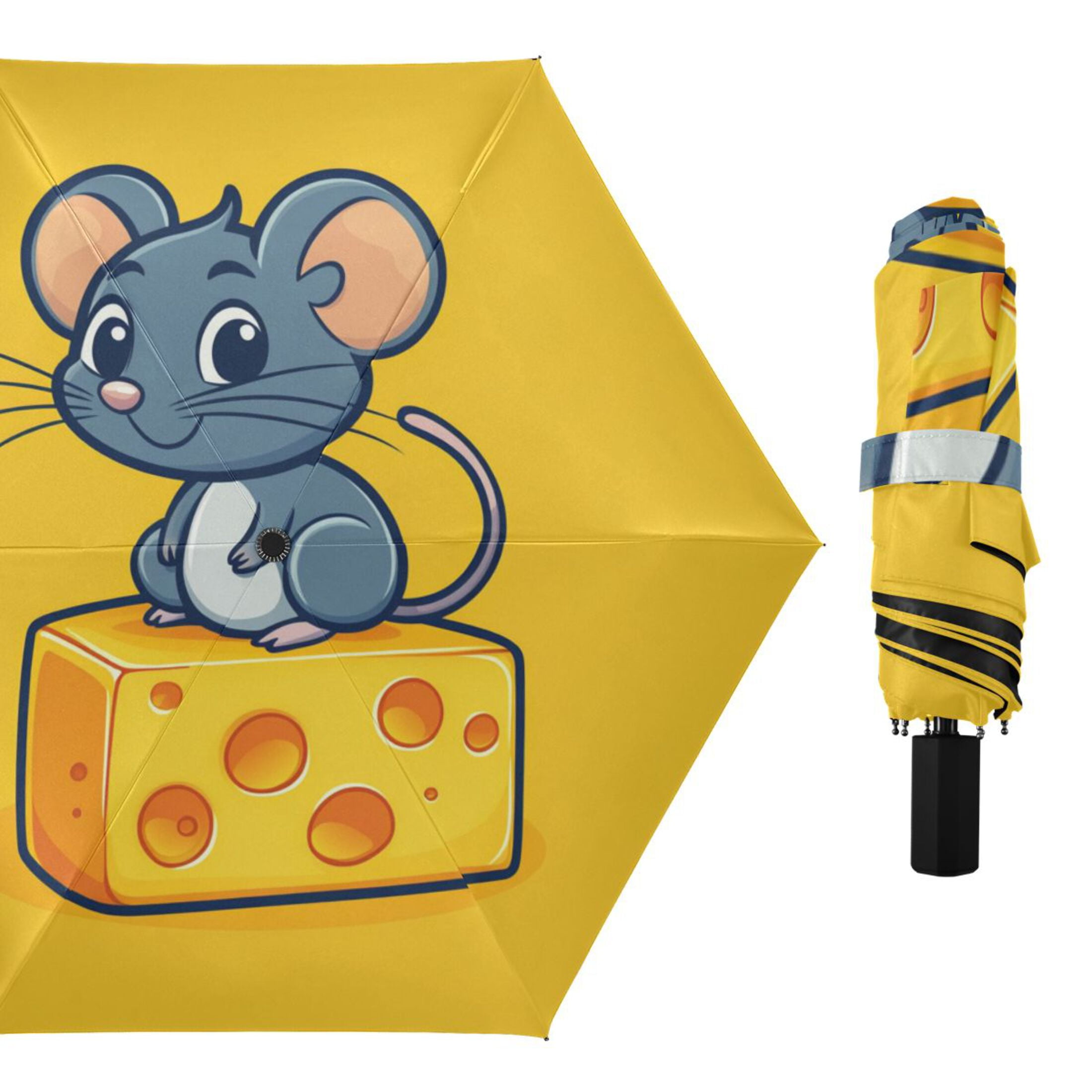 Cute Mouse on Cheese All Weather Umbrella Triple Folding Parasol 6 Ribs ...