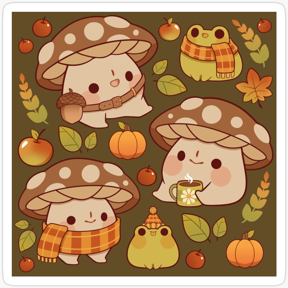 Cute Mushroom And Froggie Fall - Green Sticker Phone Decal Water Bottle ...
