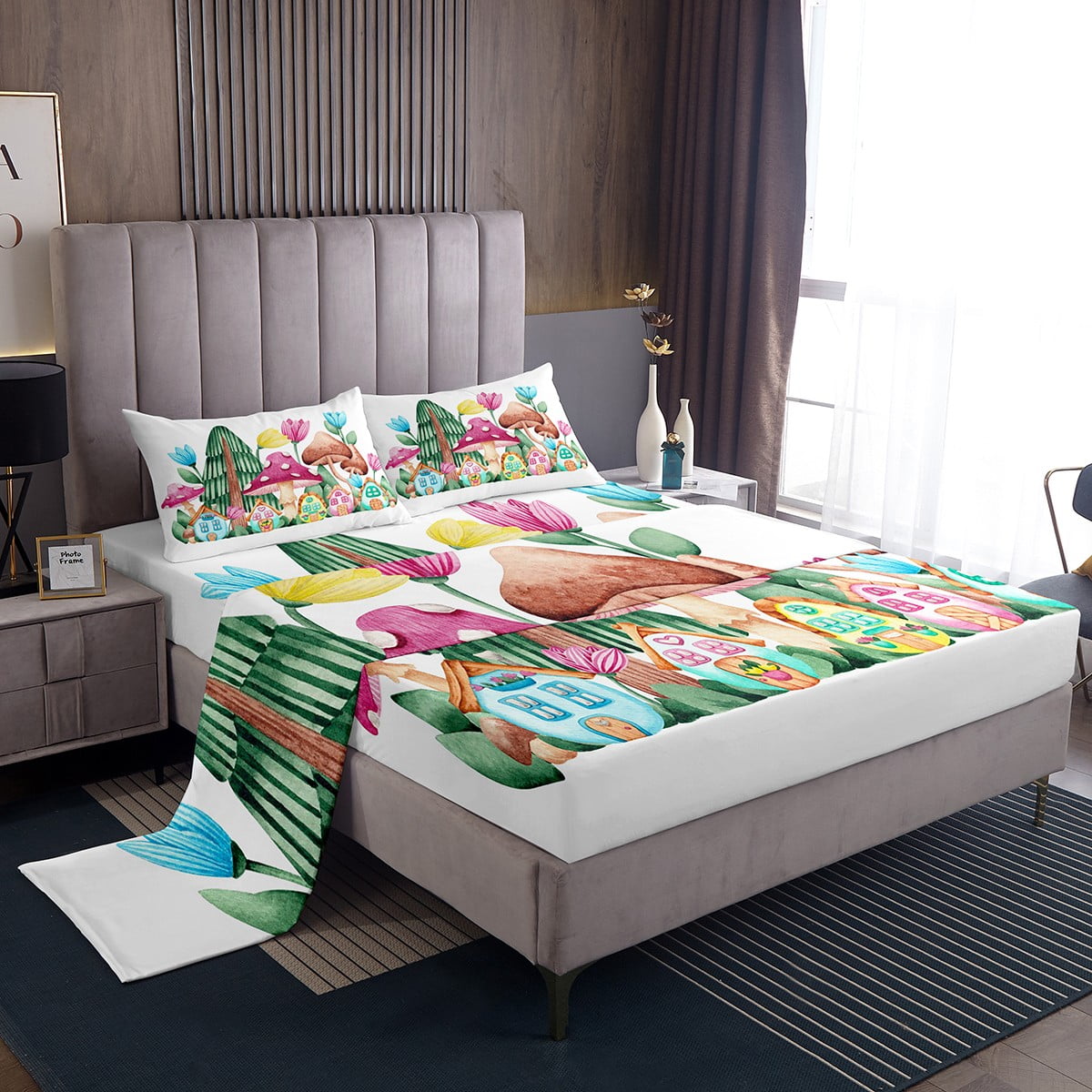 Cute Mushroom Bed Sheets Set Watercolor Plant Queen Sheet Set,Botanical ...