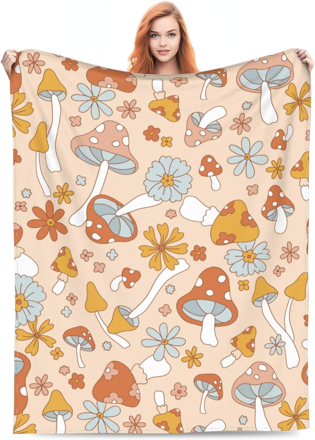 Cute Mushroom Blanket Retro Floral Soft Warm Throw Blankets Lightweight ...