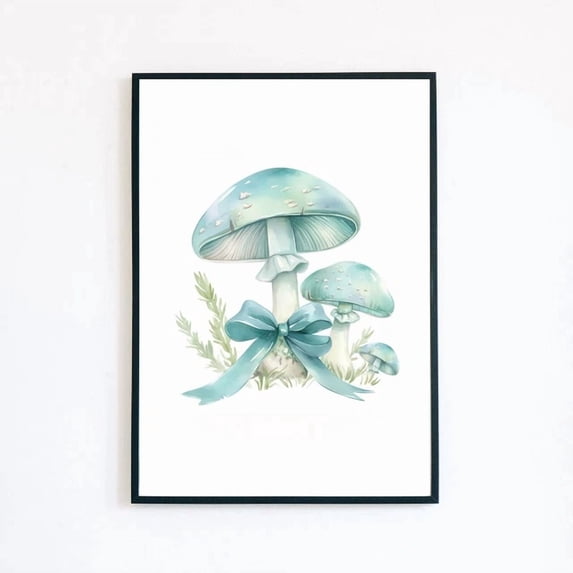 Cute Mushroom Blue Bow Painting Illustration Wall Decor Retro Art Print ...
