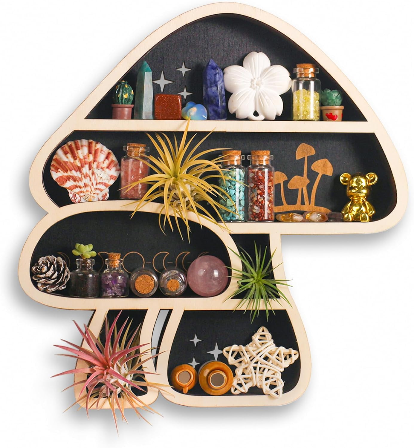Cute Mushroom Decor, Wooden Floating Mushroom Shelf for Wall, Crystal ...