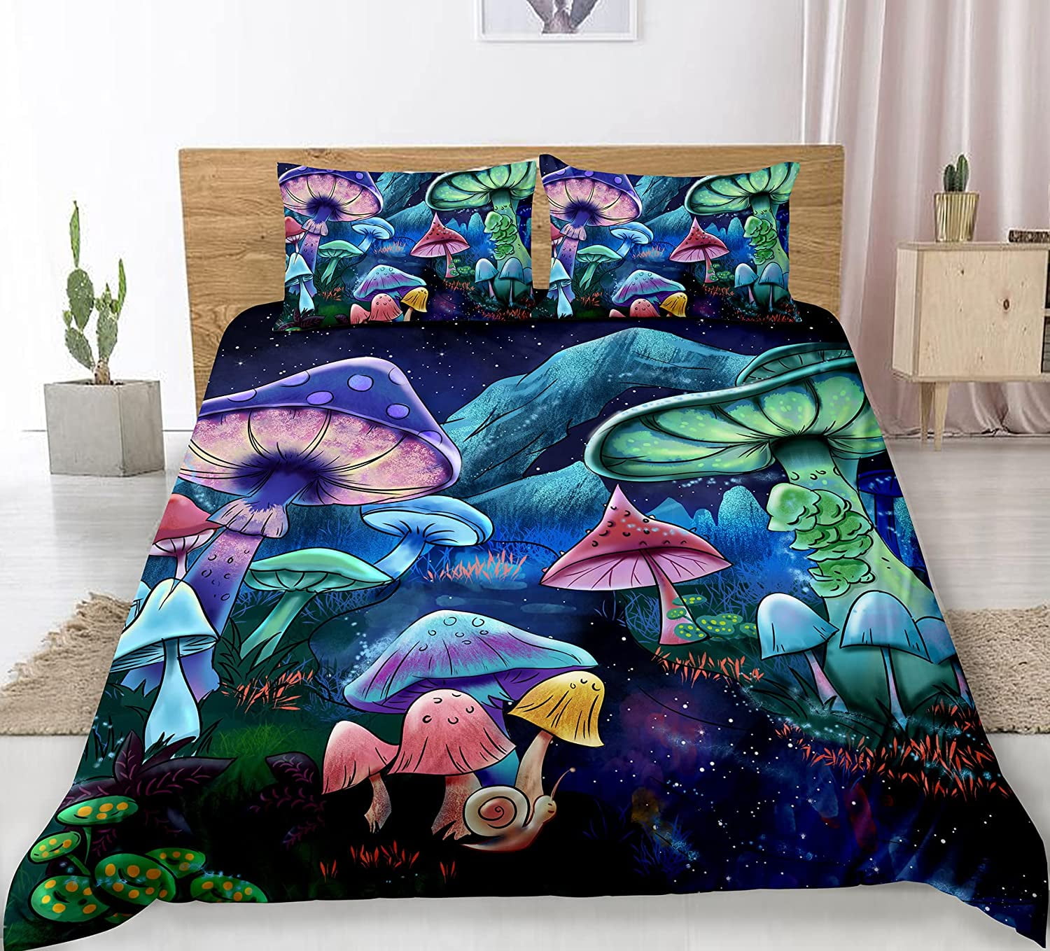 Cute Mushroom Duvet Cover Kids Fairy Forest Theme Cartoon Fungus Plant Bedding Set for Girls ...