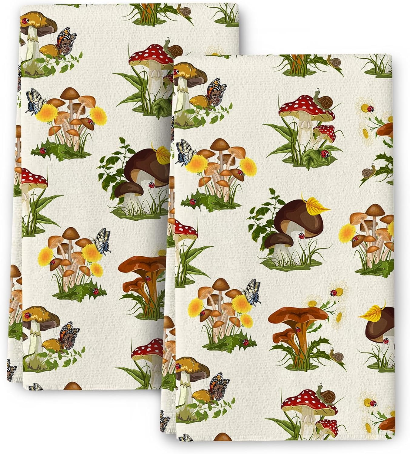 Cute Mushroom Plant Butterfly Kitchen Towels with Hanging Loop, Beige ...