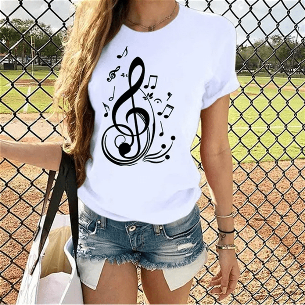 Cute Music Note Print T-shirts For Women Summer Lovely Short Sleeve ...