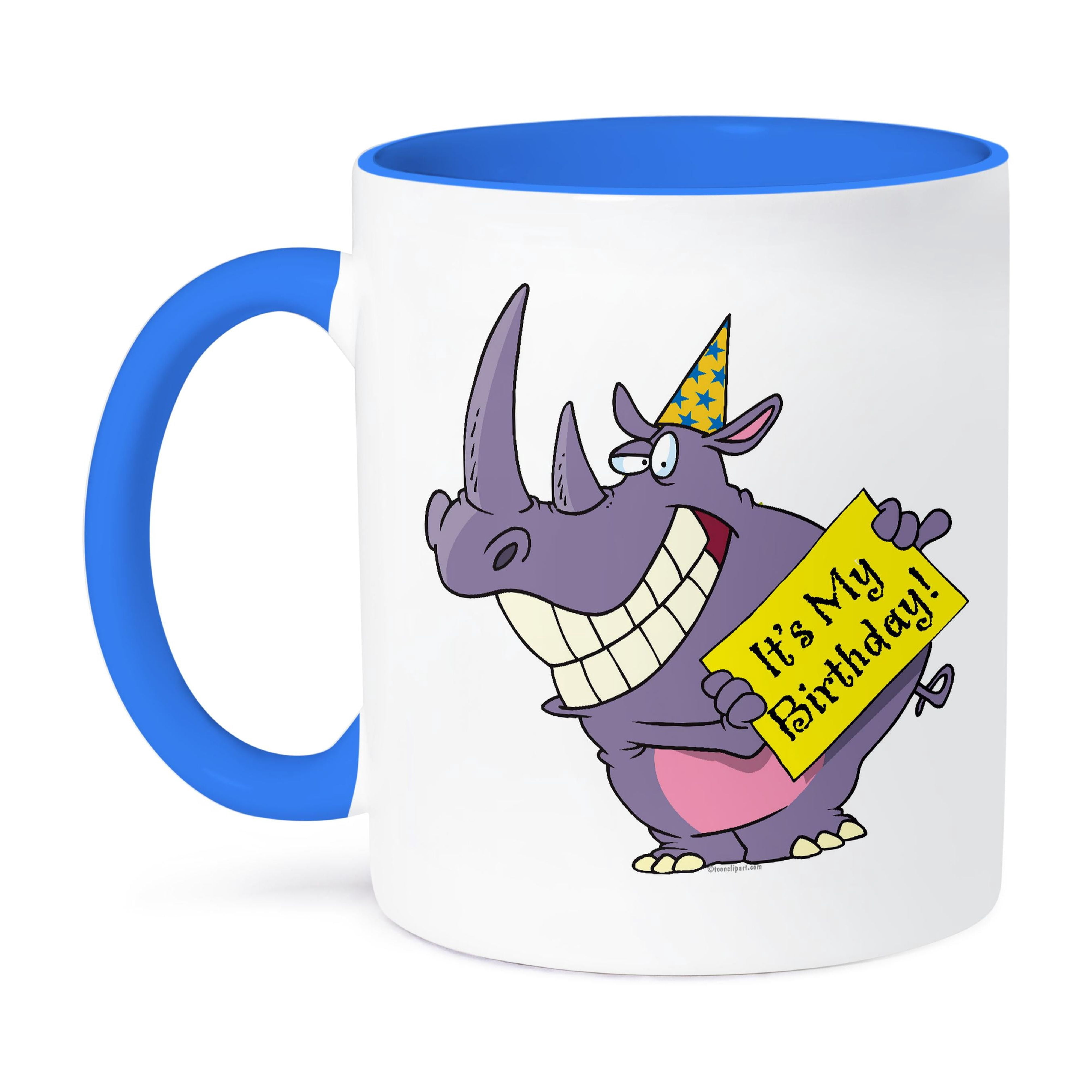 3dRose, Cute My Birthday Rhino Cartoon, 15oz Two-Tone Blue Mug ...