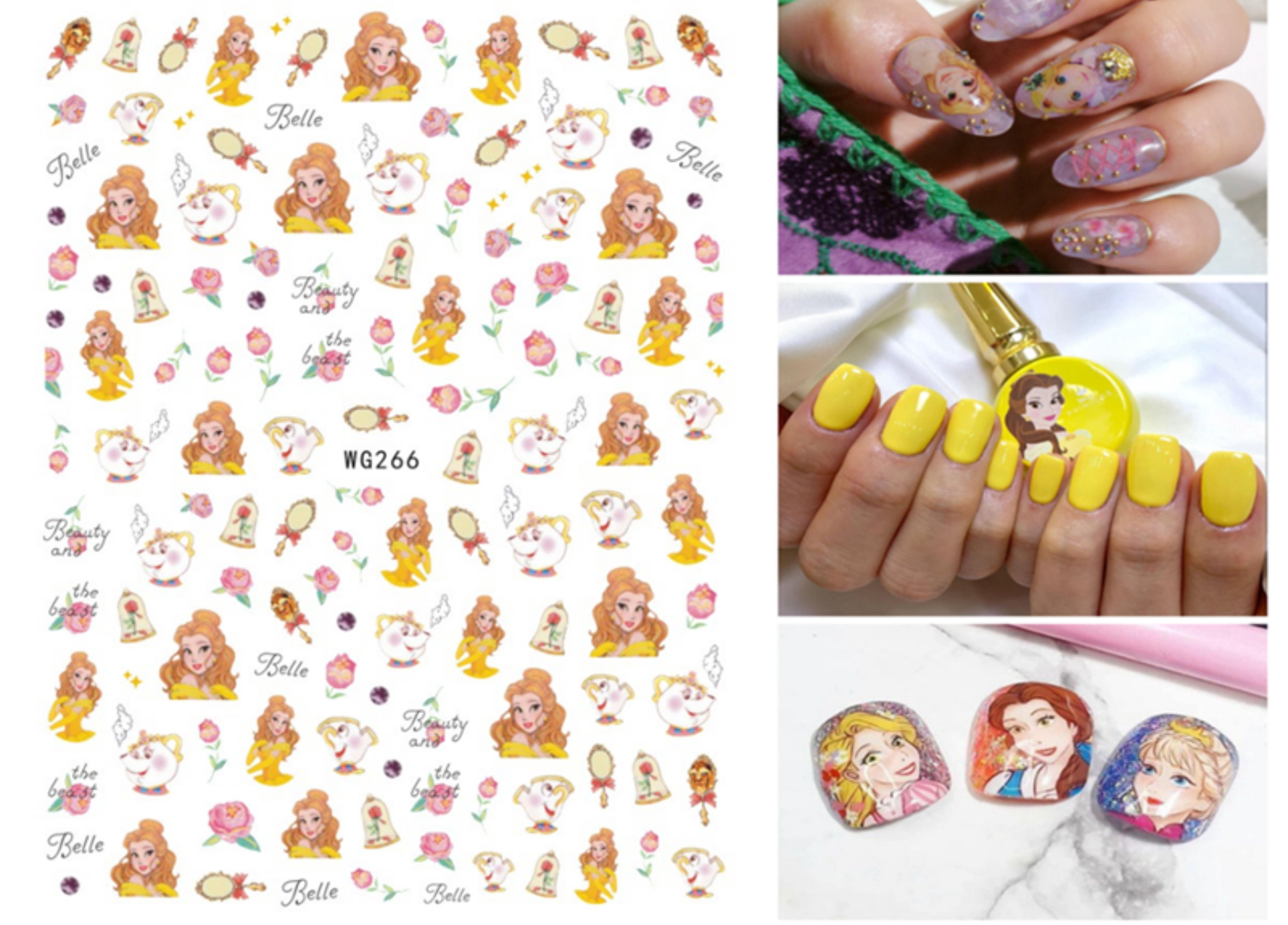 Cute Nail Stickers Cartoon Disney Princess Bella Nail Art Decals 3D ...