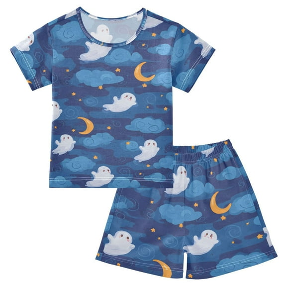 Cute Night Ghosts Summer Pajama Set Soft Cotton Short Sleeve Sleepwear ...