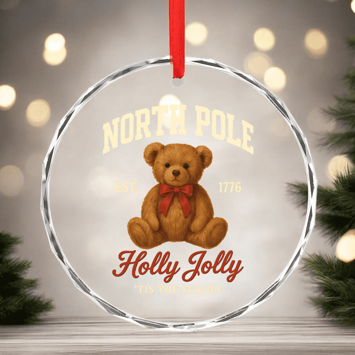 Cute North Pole Teddy Bear College Athletic Style Ornament Anniversary ...