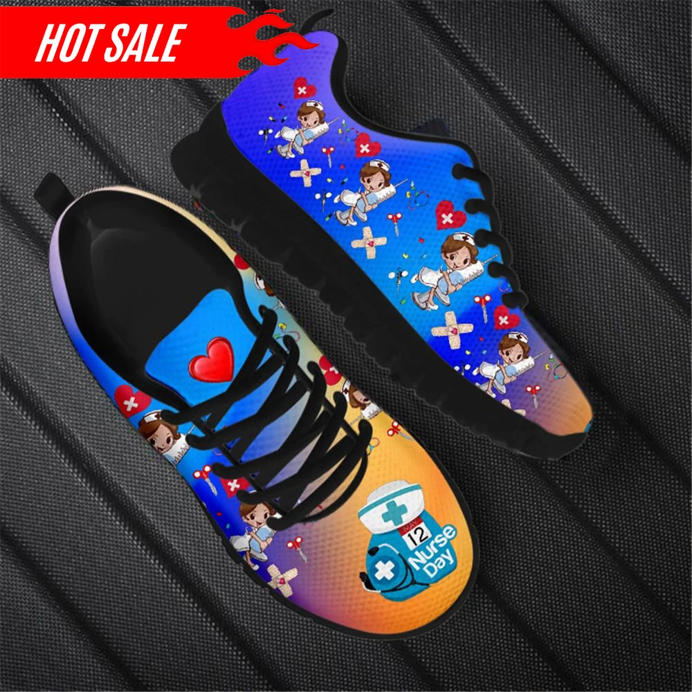 Cute Nurse Cartoon Pattern Flat Shoes for Women Breathable Casaul Mesh ...