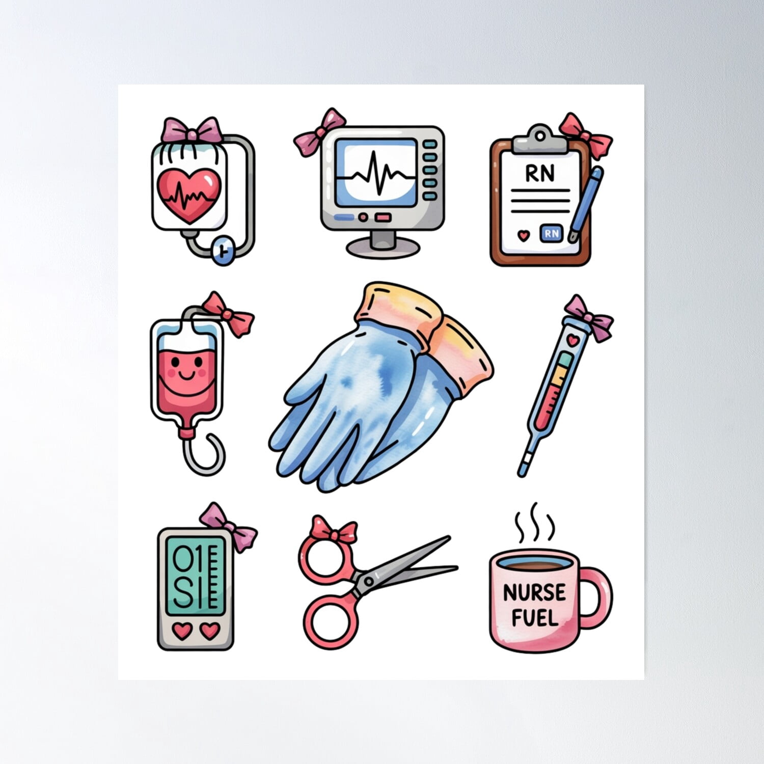 Cute Nurse Tools Sticker Pack, Kawaii Medical Icons With Pink Bows ...
