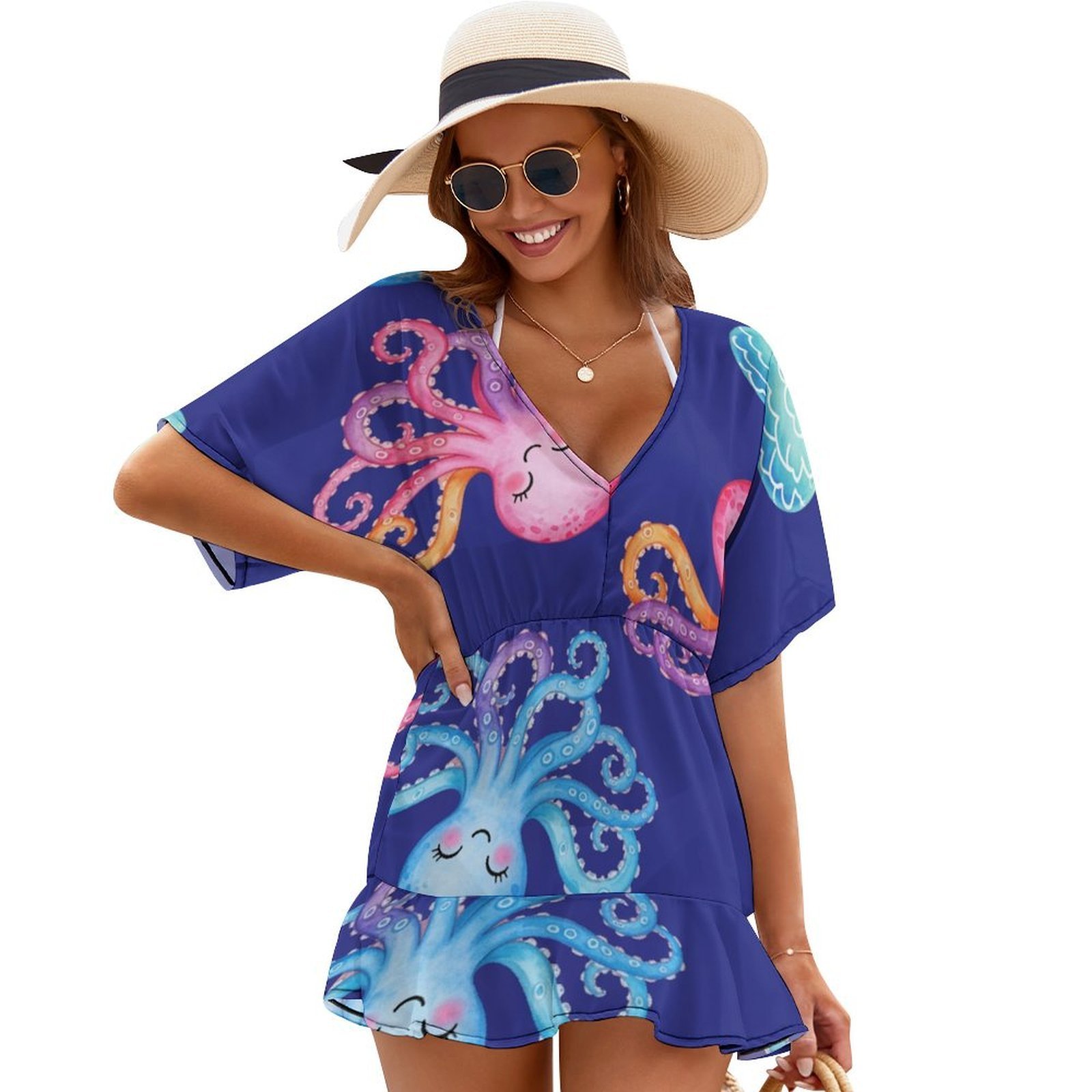 Cute Octopus Sea Life Beach Cover Ups Women V Neck Short Sleeve Dress ...