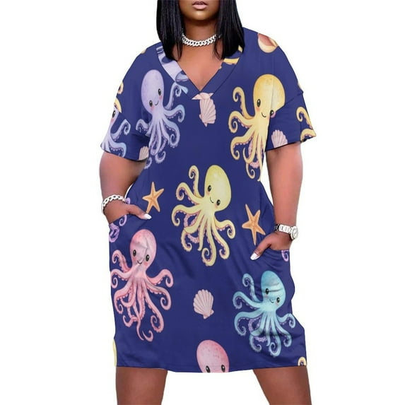 Cute Octopus Sea Life Print Loose Pocket Dress Dresses Summer Summer ...