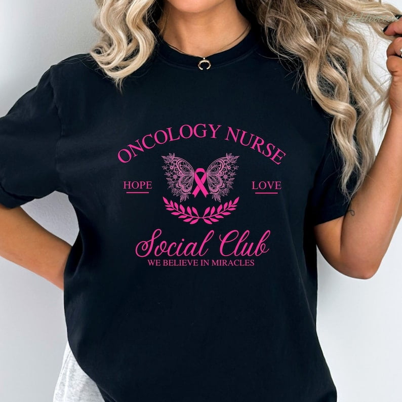 Cute Oncology Social Club Nurse Shirt, Fight Breast Cancer Chemo Nurse ...
