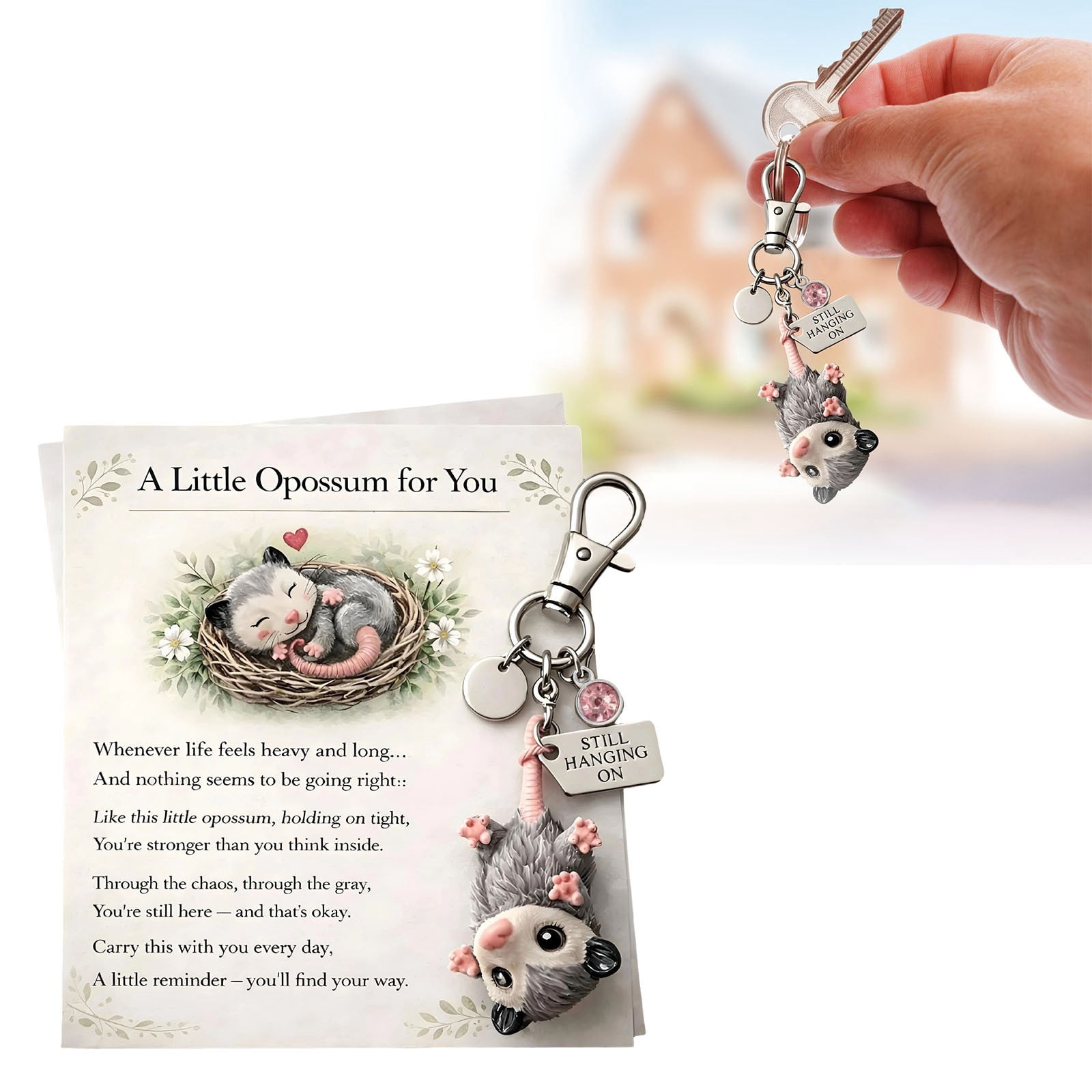 Cute Opossum Keychain with Encouragement Card Whimsical Animal Charm ...