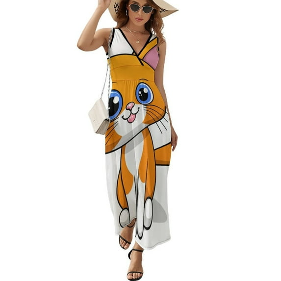 Cute Orange Cat Cartoon Dress Summer Street Style Bohemia Long Dresses ...
