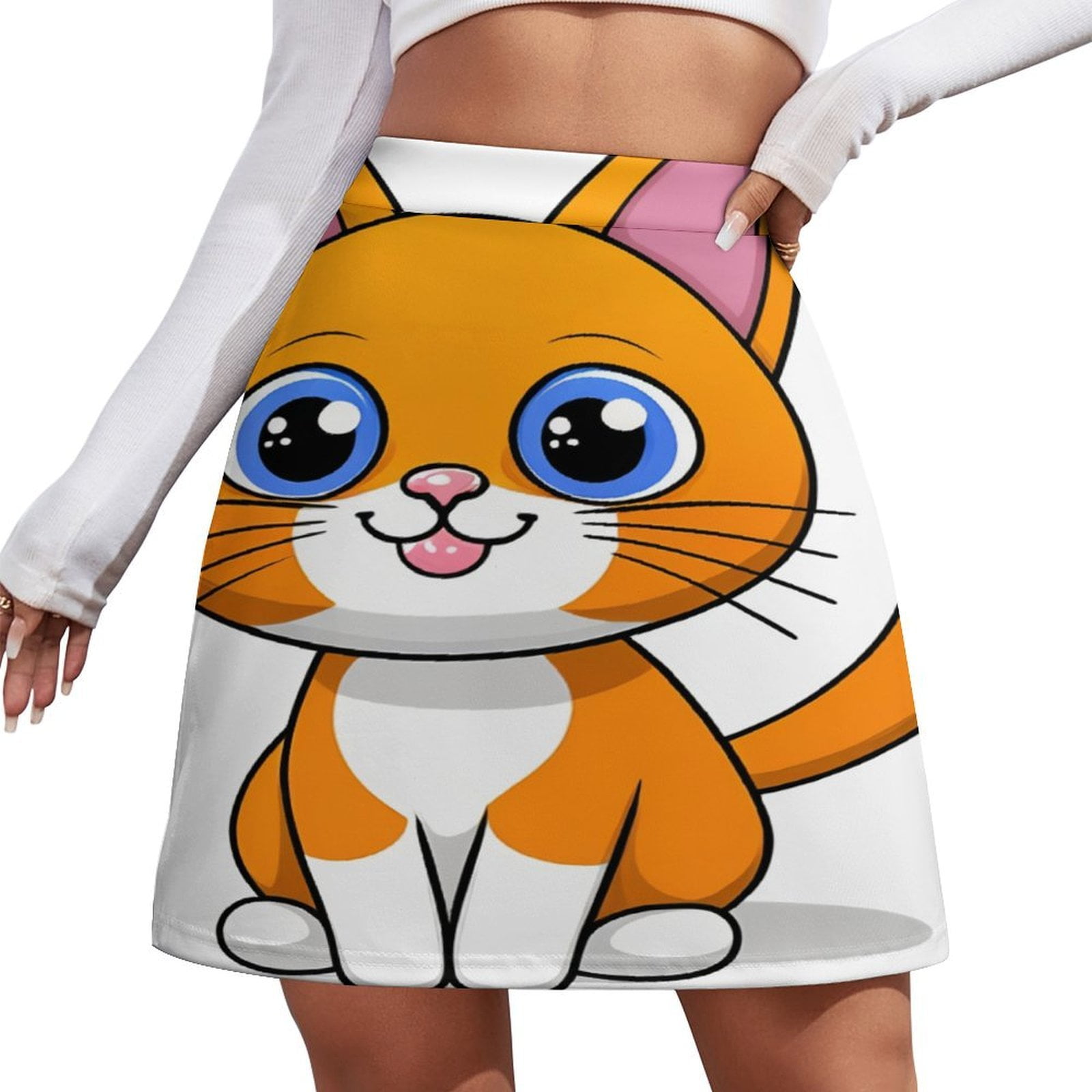 Cute Orange Cat Cartoon Women's High Waist Skirt Stretchy Casual Mini ...