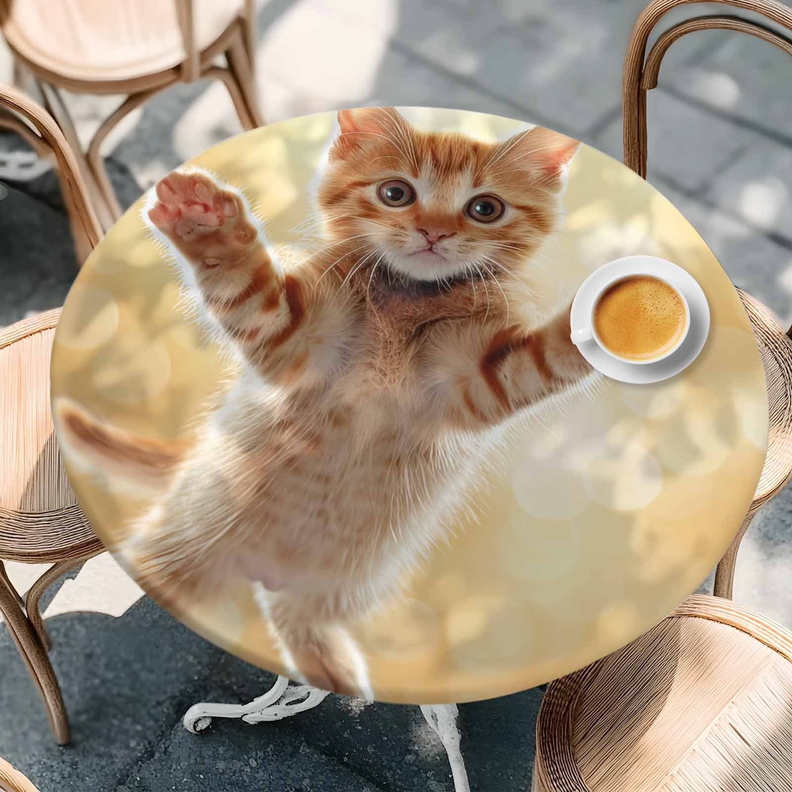 Cute Orange Cat Round Fitted Tablecloth with Elastic Edge,Waterproof ...