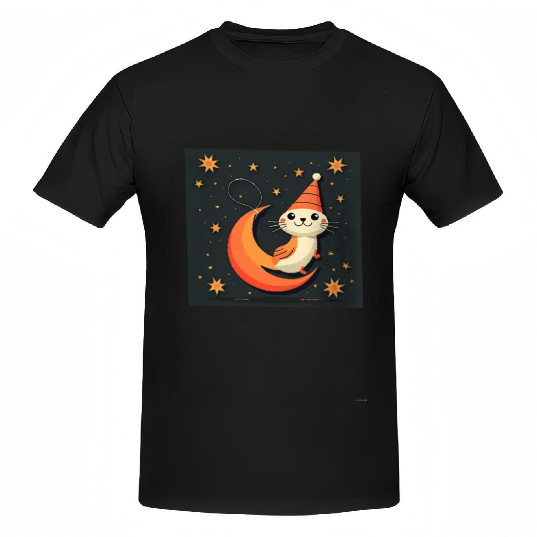 Cute Orange Cat on Cotton Short Sleeve T-Shirt - Whimsical Nighttime ...