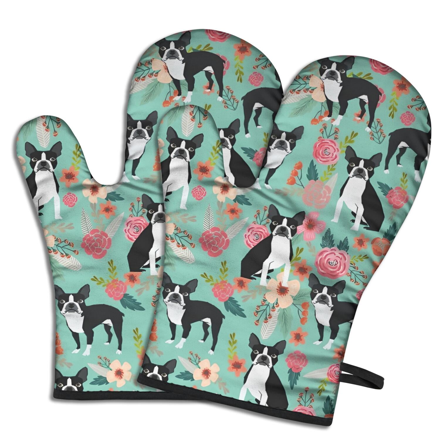 Cute Oven Mitts,Boston Terrier Floral Flowers Oven Mitt 2-Pack Set ...