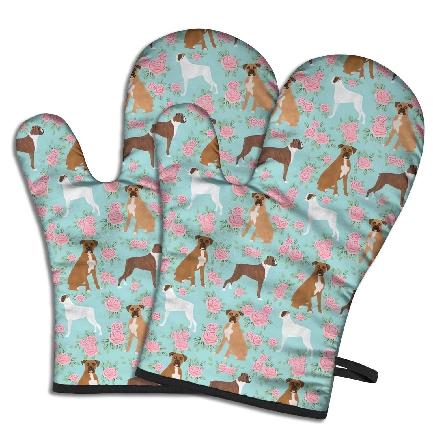 Cute Oven Mitts,Cute Boxer Dog and Flowers Florals Oven Mitt 2-Pack Set ...