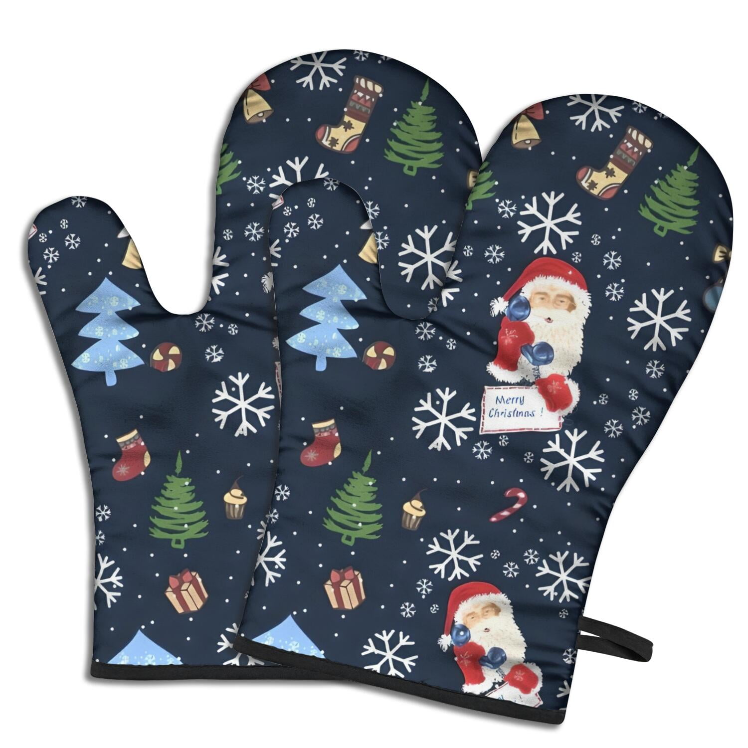 Cute Oven Mitts,Dark Blue Christmas Santa Pattern Oven Mitt 2-Pack Set ...