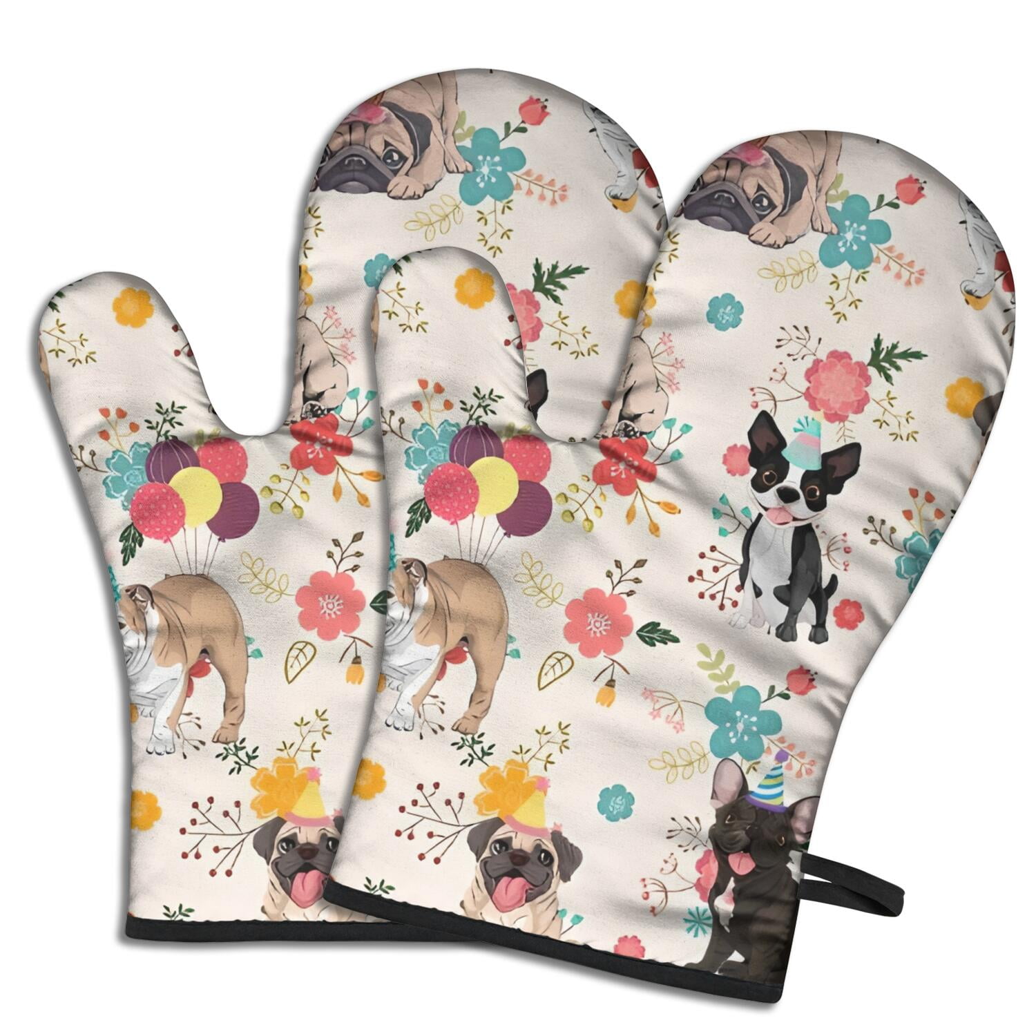 Cute Oven Mitts,Dogs with Party Hats and Flowers Oven Mitt 2-Pack Set ...