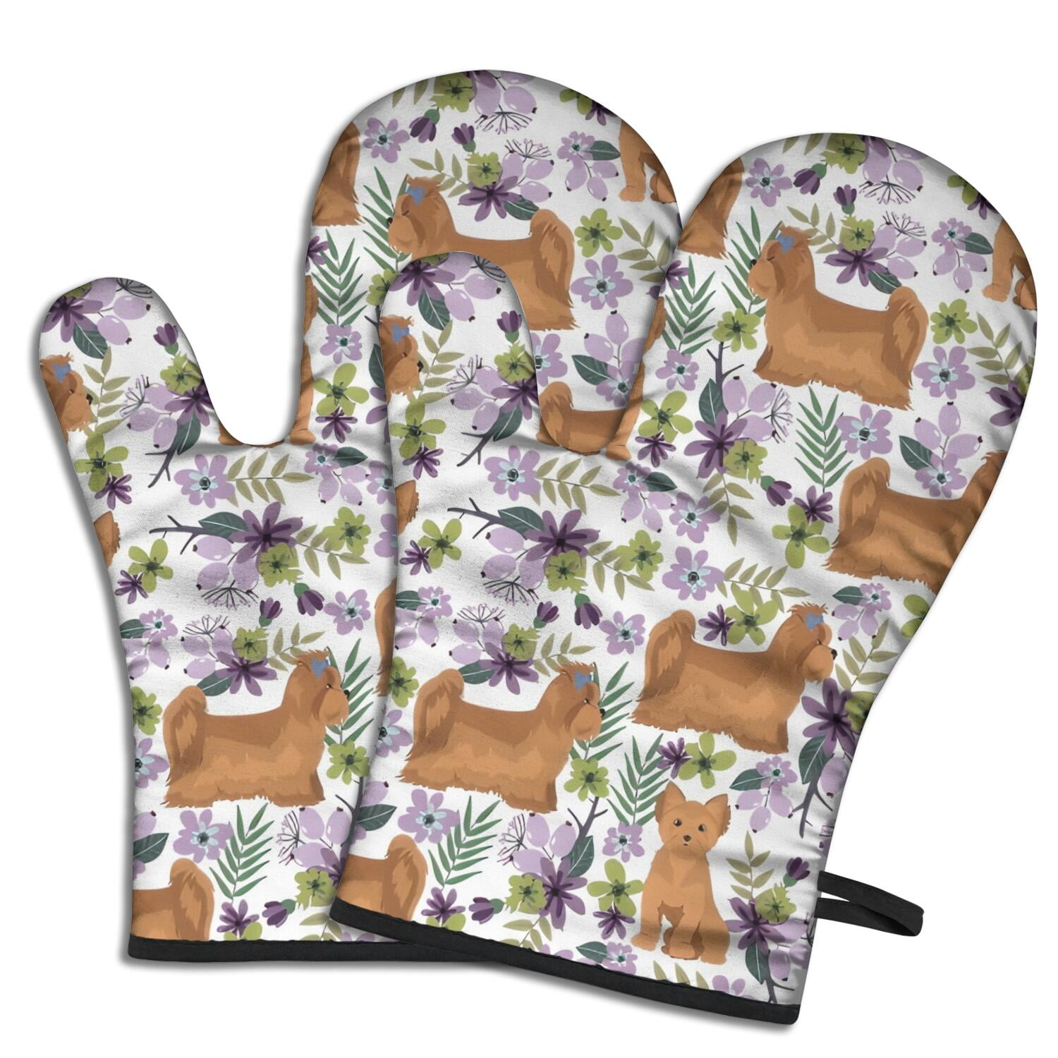 Cute Oven Mitts,Yorkie Dog and Flower Florals Oven Mitt 2-Pack Set ...