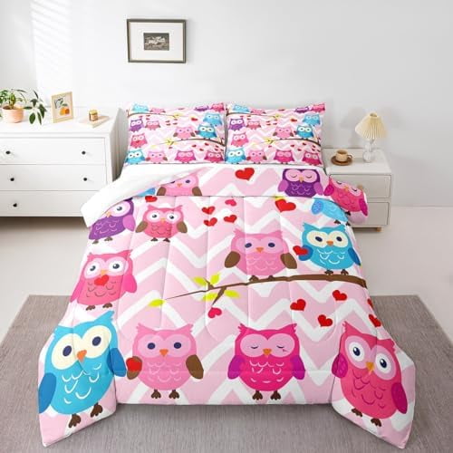 Cute Owl Bedding Set King Size Cartoon Birds Wildlife Comforter Pink ...